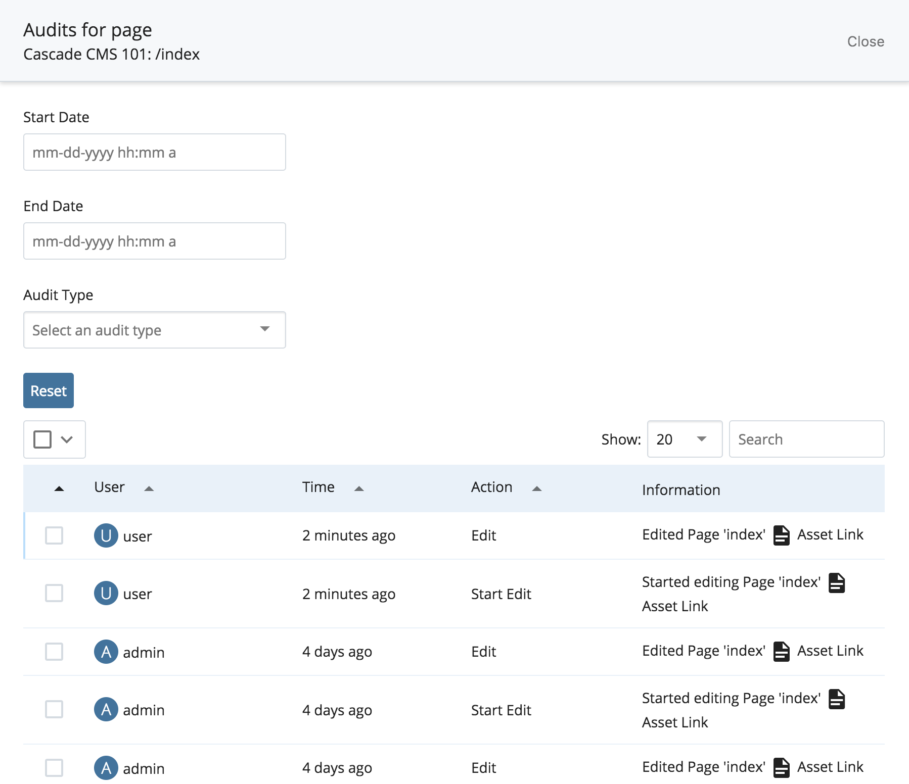 Audits - Cascade CMS Knowledge Base